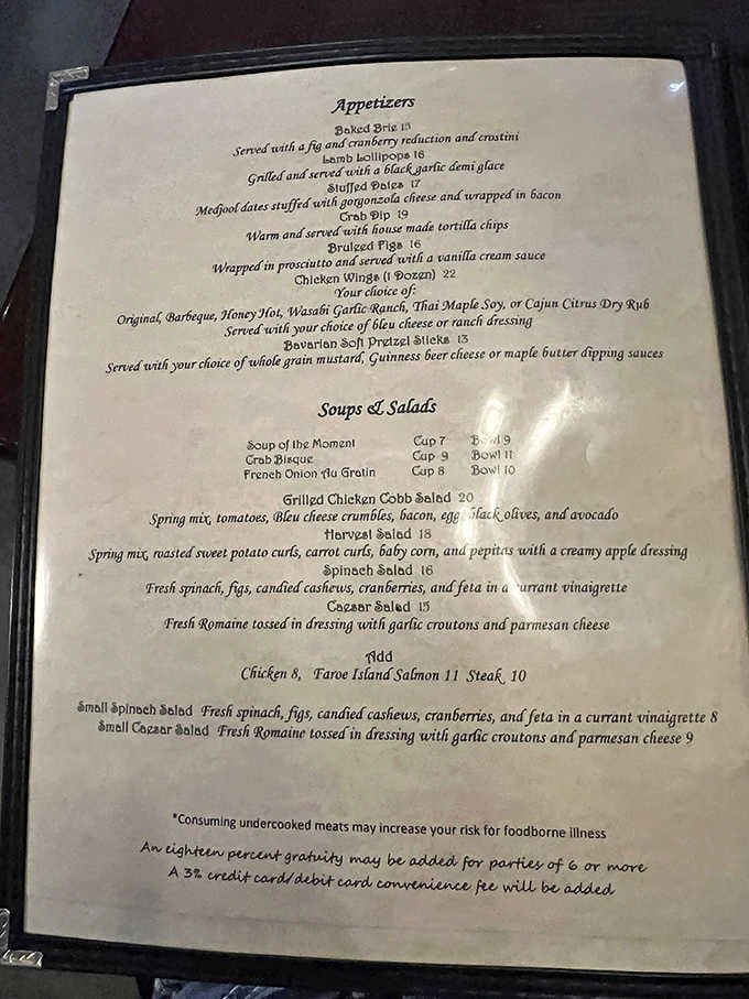 From baked brie to chicken wings, this menu proves that haunted taverns take their food seriously too.