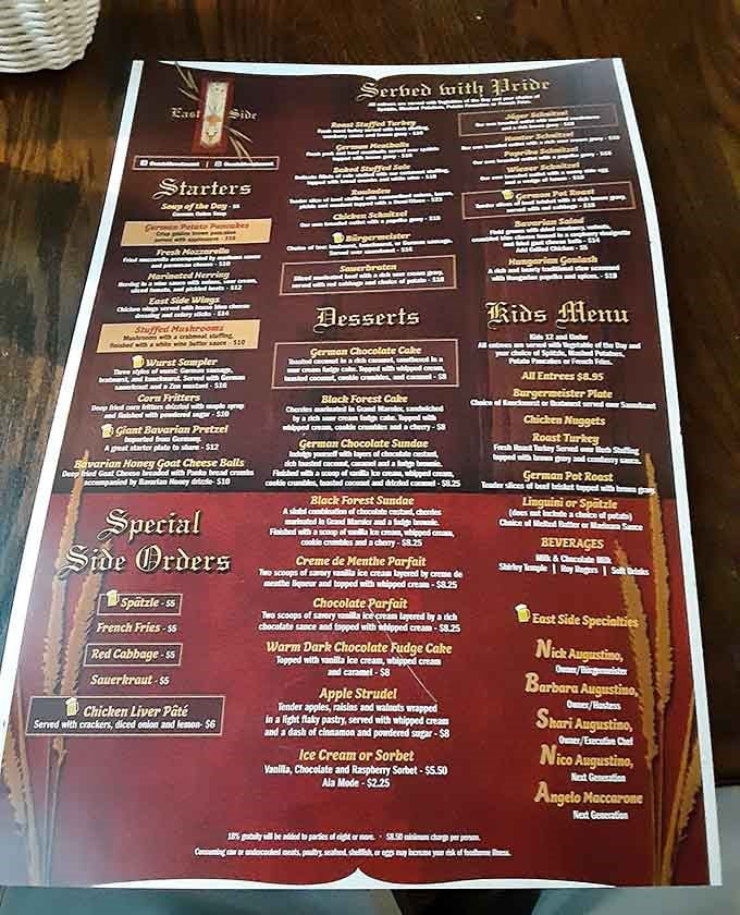 The menu reads like a love letter to German cuisine, written in Gothic script for maximum authenticity.