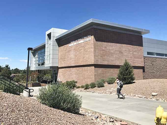 Modern architecture meets mountain landscape where future pilots and engineers hit the books between flight sessions.