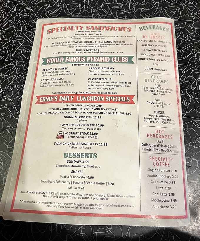 The menu reads like America's greatest hits, from pyramid clubs to pork chops for lunch.