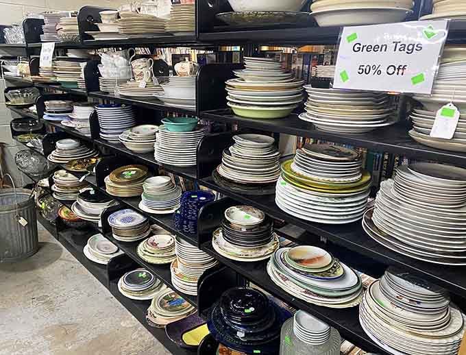 Those green tags mean half off, which is dangerous news for anyone with shelf space at home.