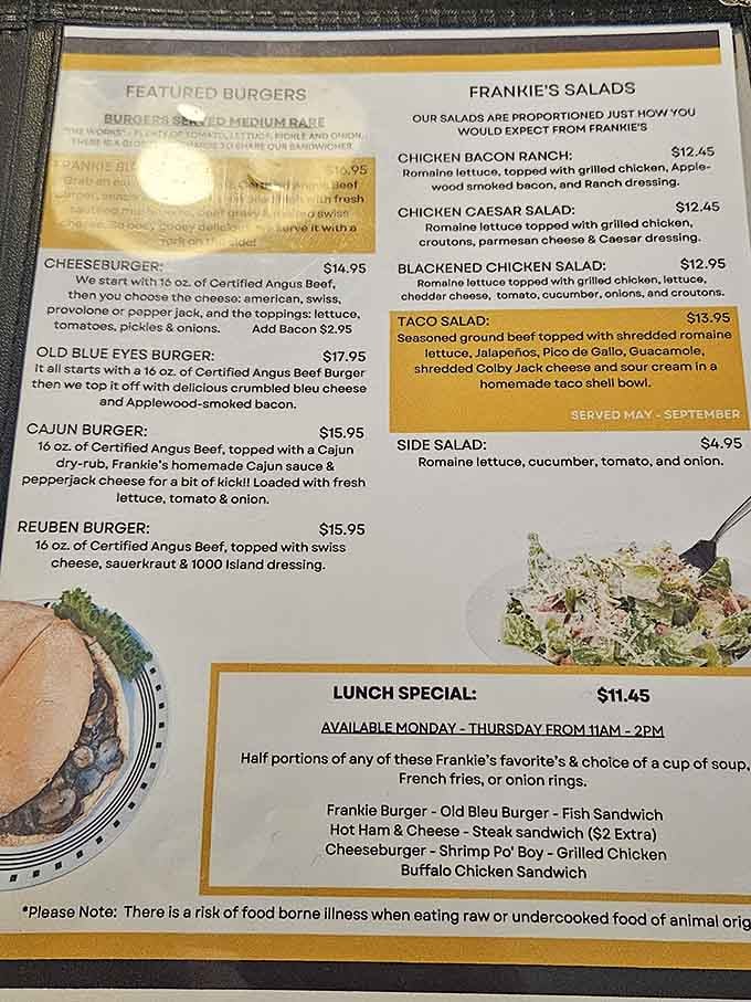 This menu reads like a burger lover's wish list, featuring everything from Cajun heat to Reuben-inspired genius.