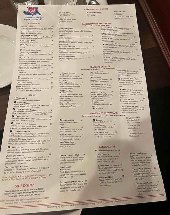 This menu reads like a greatest hits album of American steakhouse classics, with Maryland seafood stealing several tracks.