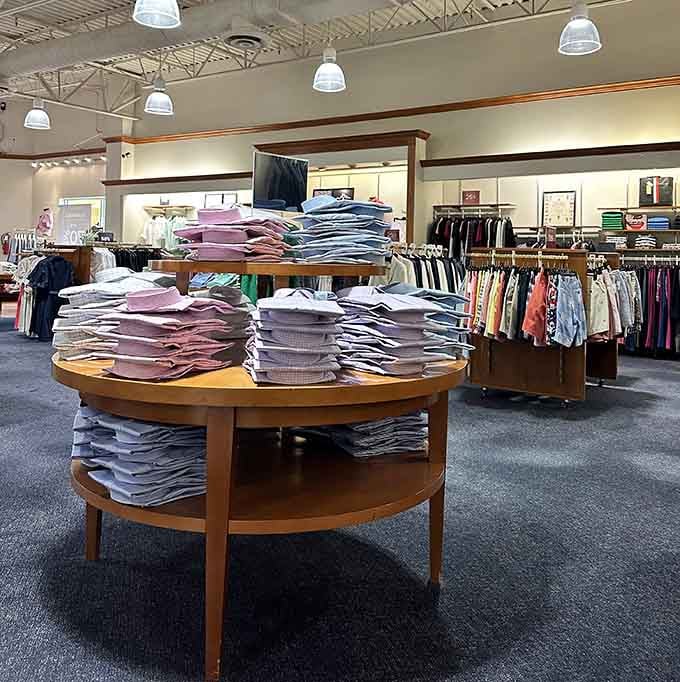 Stacks on stacks of perfectly folded shirts, organized like a retail rainbow of affordable possibilities.