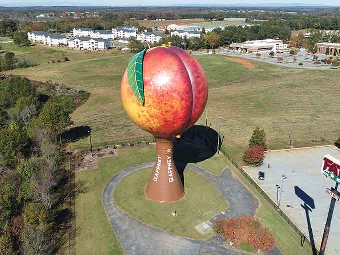 The Peachoid stands 135 feet tall, holding a million gallons of water and infinite photo opportunities for delighted travelers.