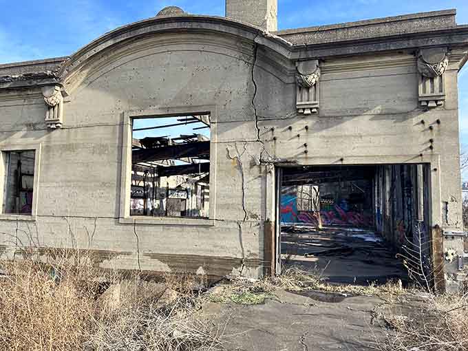 Those arched windows once framed bustling crowds; now they frame nothing but sky and possibility.
