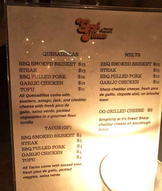 The menu keeps things deliciously simple: quesadillas, melts, and tacos that fuel your journey back to 1975.