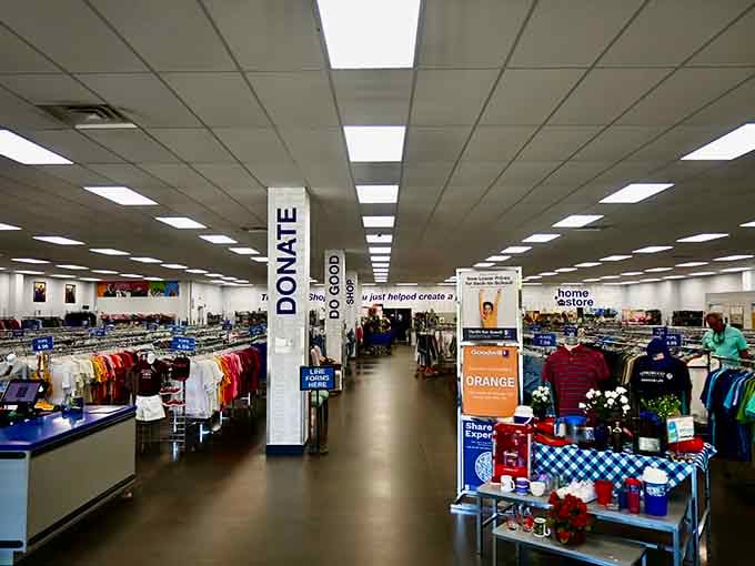 Behold the rainbow effect of organized thrift shopping, where color-coding meets treasure hunting in perfect harmony.