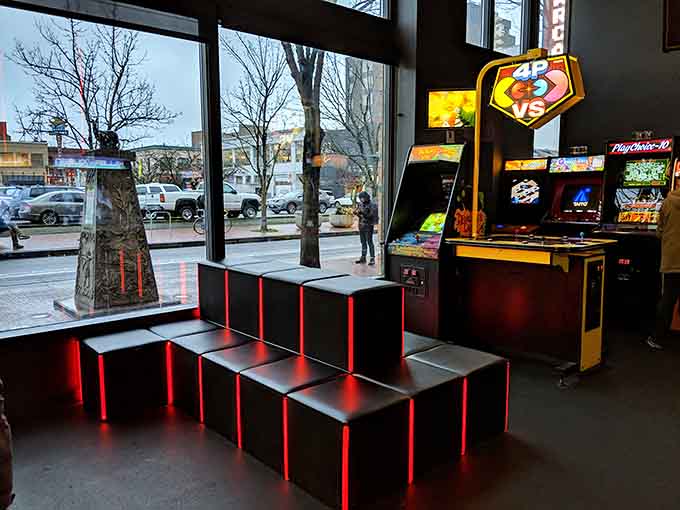 Seating that glows like Tron meets functionality, proving Portland knows how to blend sci-fi aesthetics with actual comfort.