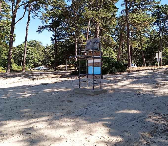 The lifeguard stand watches over swimmers like a protective parent who actually lets you have fun.