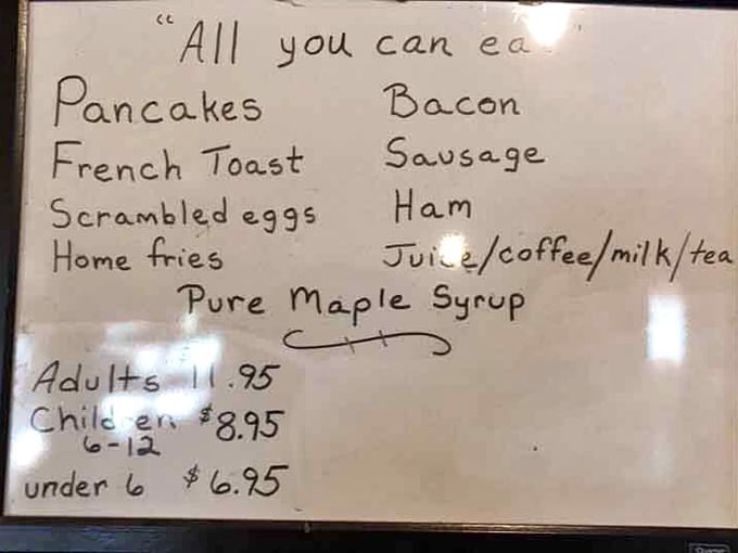 When the menu's handwritten and includes "pure maple syrup" underlined, you know someone's got their priorities straight.
