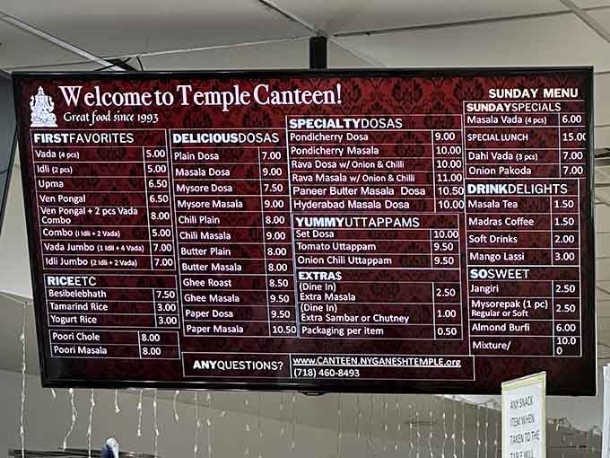 This menu board is your passport to South Indian heaven, featuring dosas, uttappams, and dishes you'll soon be craving weekly.