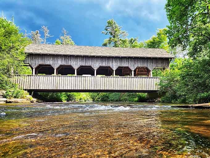 From the creek below, the bridge looks like it's been photoshopped into paradise by Mother Nature herself.