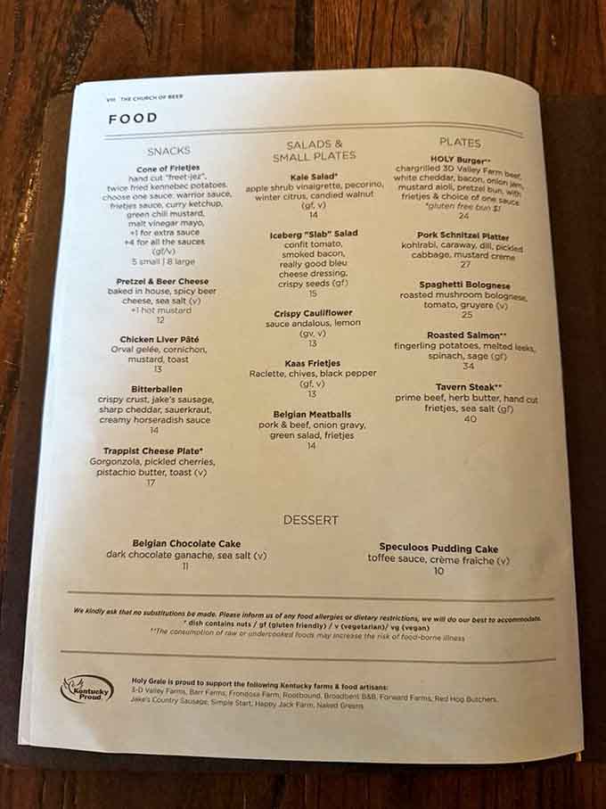 The menu at Holy Grale reads like a greatest hits album of Belgian pub fare with serious Kentucky soul.