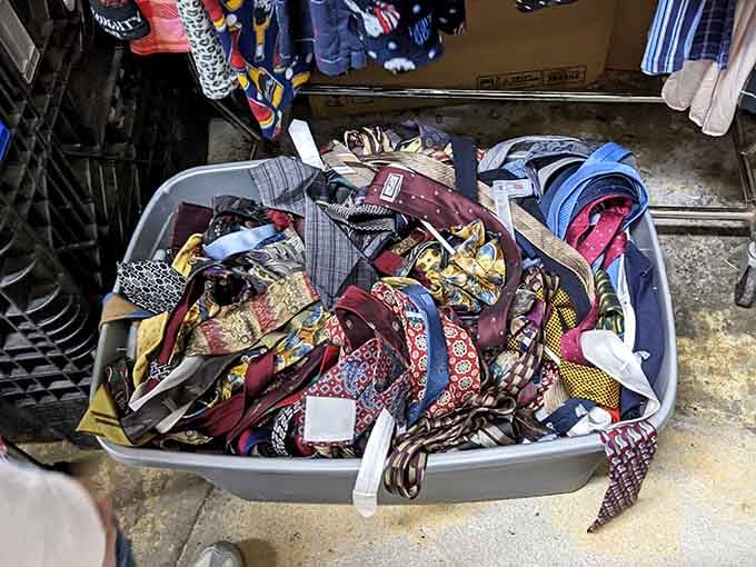 Neckties overflow from bins like a corporate executive's fever dream turned wonderfully affordable reality.