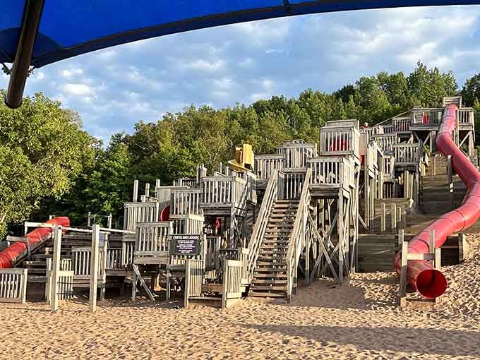 This playground structure looks like what happens when engineers have kids and unlimited lumber budgets.