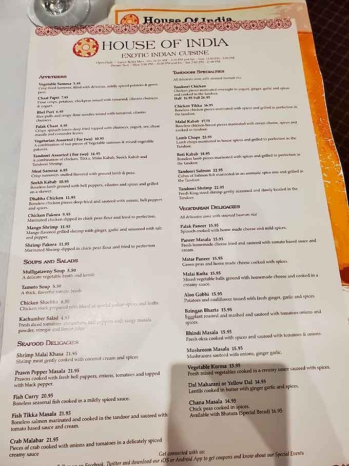 This menu reads like a greatest hits album of Indian cuisine, and trust me, there are no B-sides here.