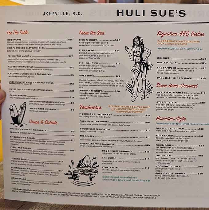 This menu is your passport to culinary adventure, where Texas meets Hawaii and nobody loses.