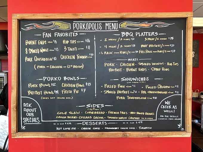 This chalkboard menu reads like a love letter to barbecue, and every single line delivers on its promise.