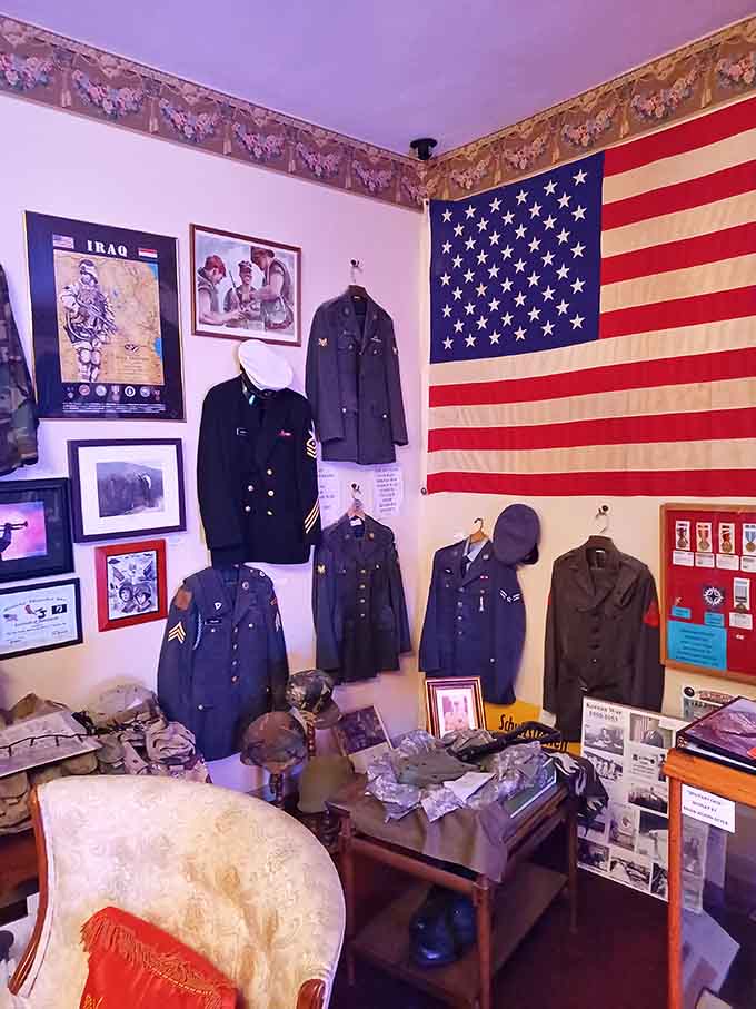 These military uniforms honor local heroes while reportedly attracting paranormal attention from patriotic spirits who still stand guard.
