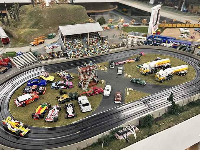 Even the speedway gets miniature love here, complete with tiny race fans who never complain about parking.