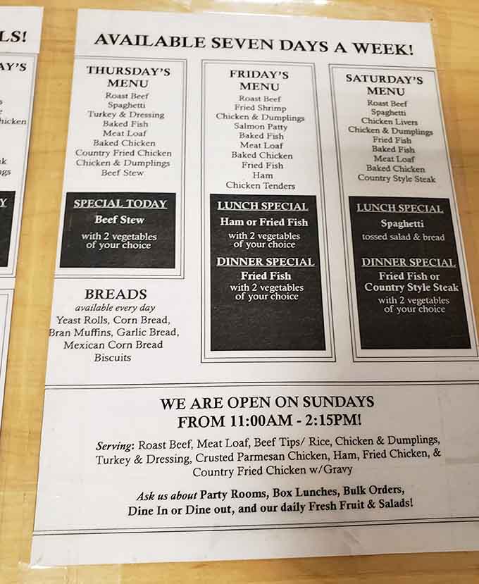 The daily menu reads like a love letter to Southern comfort, rotating specials that keep regulars coming back.