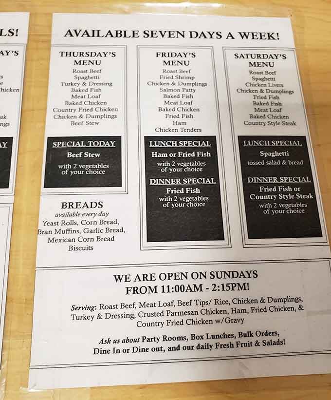A menu that reads like your grandmother's greatest hits album, now available seven days a week.