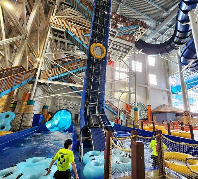 The Smoke That Thunders slide proves that what goes up must come down, preferably while screaming with joy.