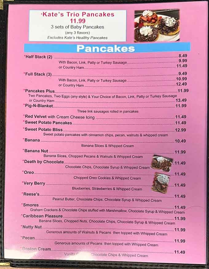 This menu reads like a choose-your-own-adventure book, except every ending involves delicious pancakes and zero regrets.