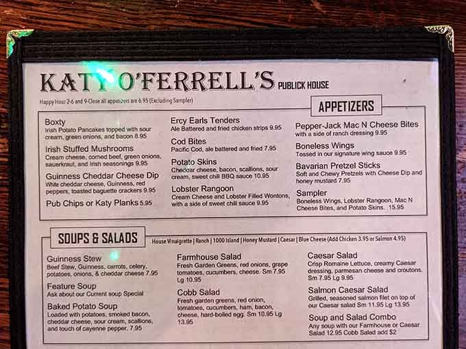 The menu reads like a greatest hits album of Irish pub cuisine, and trust me, there are no B-sides here.