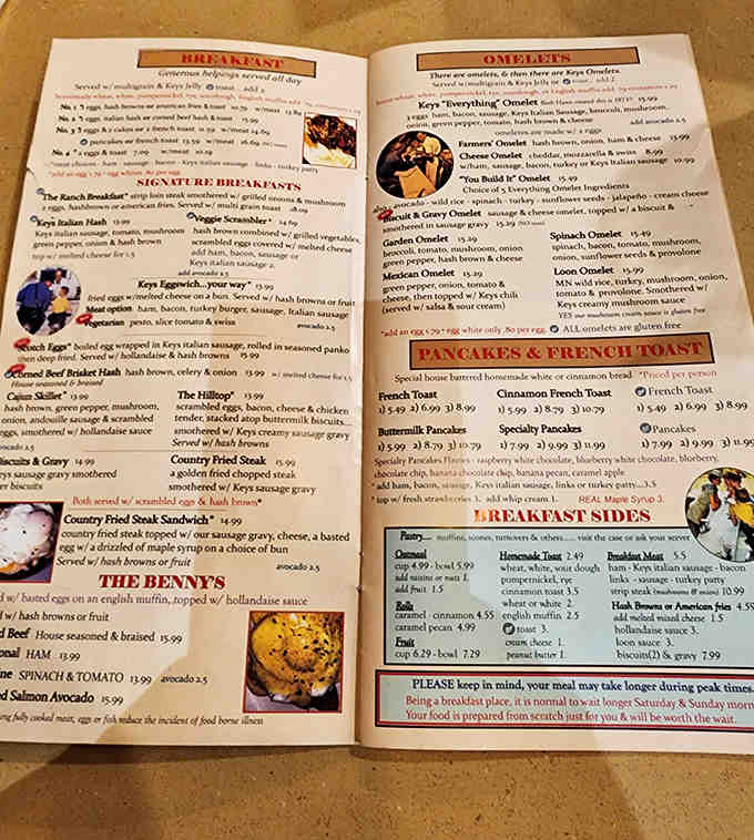 This menu holds the roadmap to breakfast bliss, featuring omelets that defy the laws of physics.