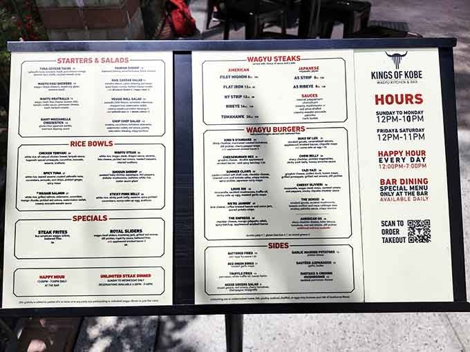 This menu reads like a love letter to premium beef, offering everything from burgers to steaks that'll redefine your expectations.