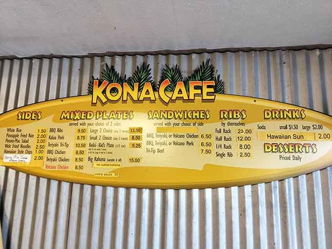 A surfboard-shaped menu board makes ordering feel like catching the perfect wave of deliciousness.