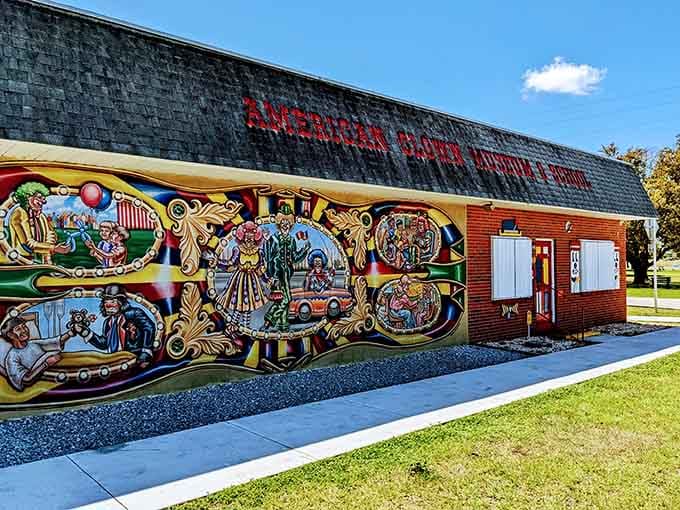 The American Clown Museum mural is either your childhood dream or your adult nightmare, no middle ground here.