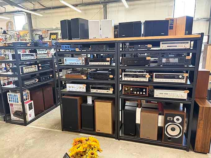This wall of vintage stereo equipment is basically a time machine for anyone who remembers when speakers were furniture.