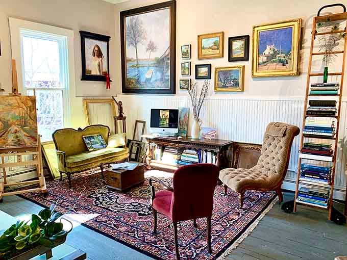 Gallery walls packed with framed art prove that one person's attic cleanout is another person's interior design goldmine.