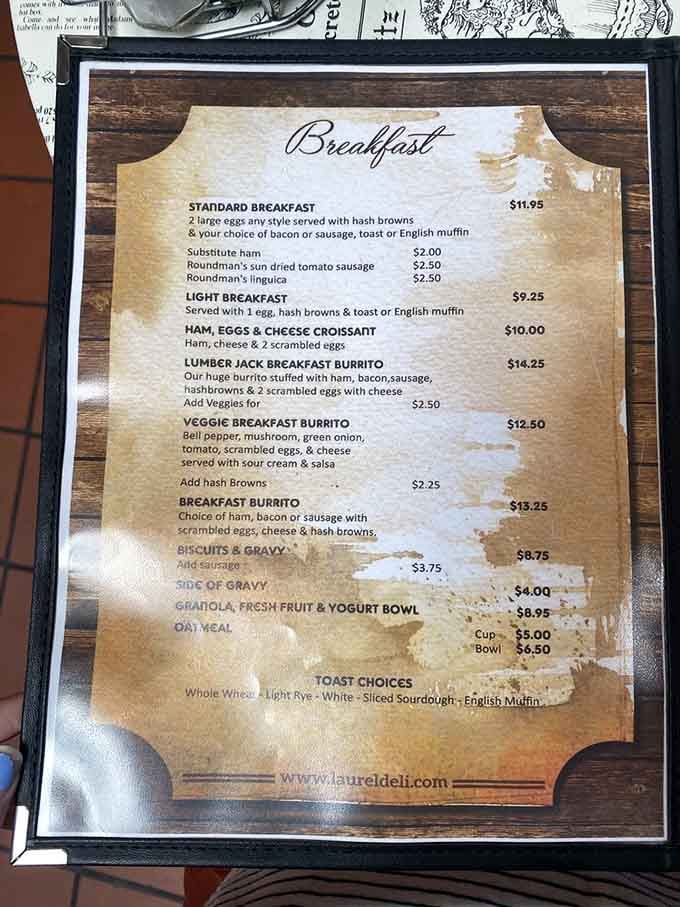 The breakfast menu promises hearty portions that would fuel an actual lumberjack through redwood season.