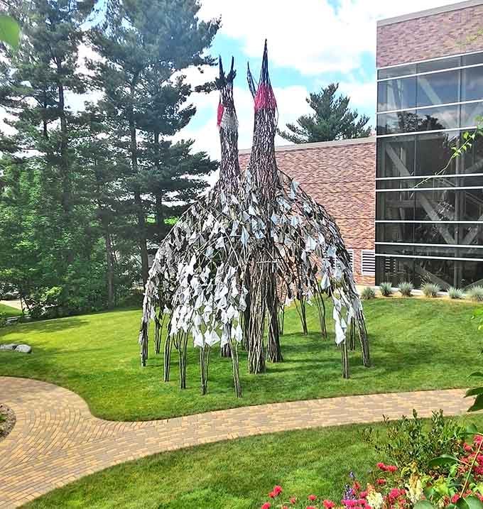 These towering metal cranes stand guard over the grounds, making every other lawn ornament look embarrassingly inadequate.