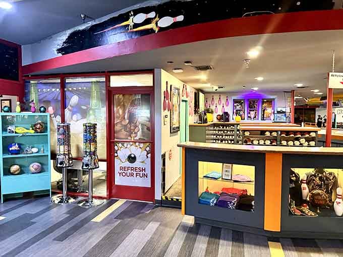 The pro shop area where dreams of becoming a bowling legend begin, one colorful ball at a time.