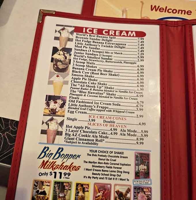 This menu reads like a greatest hits album of frozen dairy dreams and creative flavor combinations.