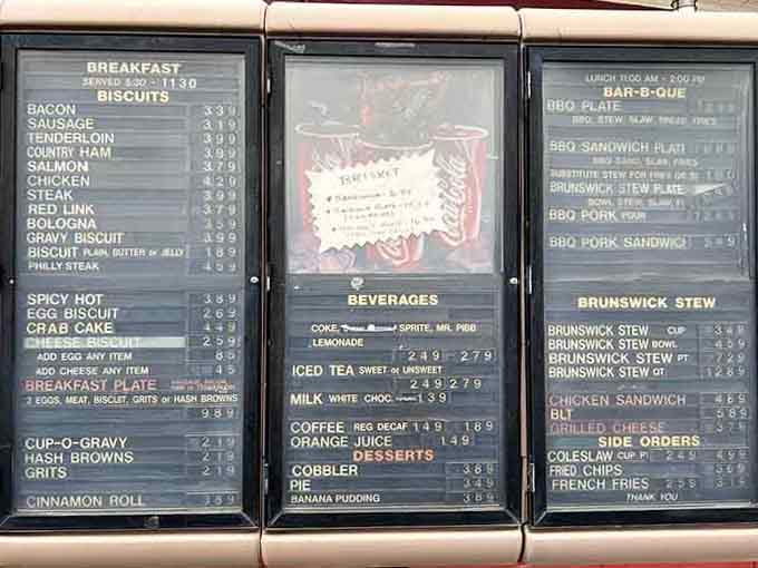 This menu board holds the roadmap to breakfast bliss, featuring everything from gravy biscuits to Brunswick stew.