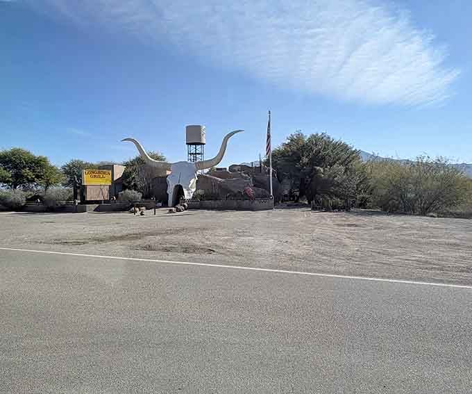 From the highway, those horns rise like a mirage, except this one serves actual food instead of disappointment.