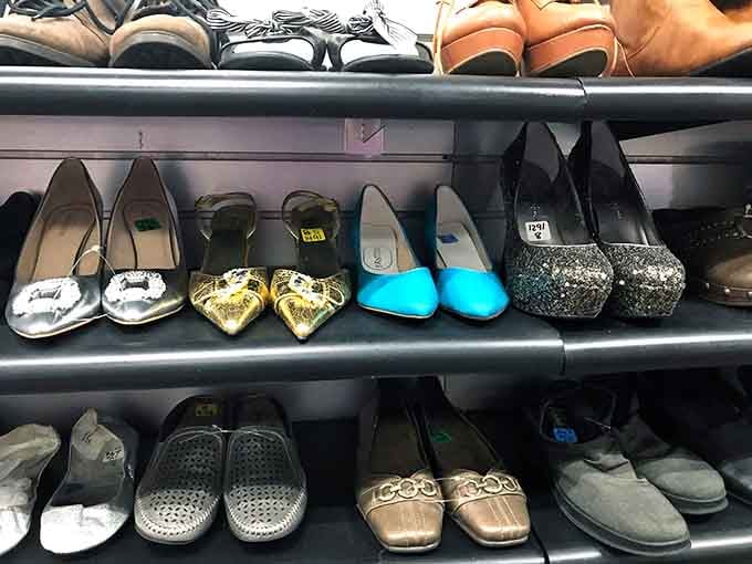 Those sparkly heels and bright blue flats prove someone's closet cleanout is about to become your fashion jackpot.