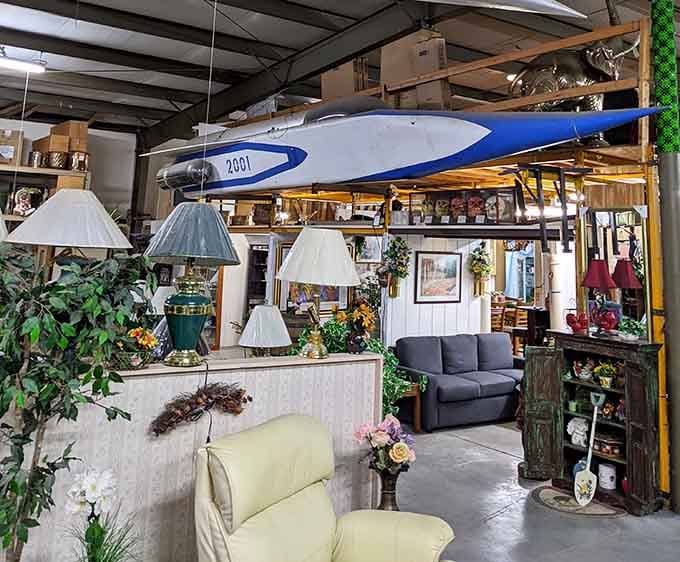 When your ceiling real estate includes a suspended speedboat, you know you've entered a truly special shopping dimension.