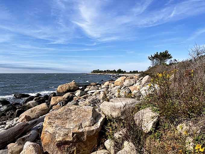 Rocky coastline where the Long Island Sound puts on its best performance, no ticket required.