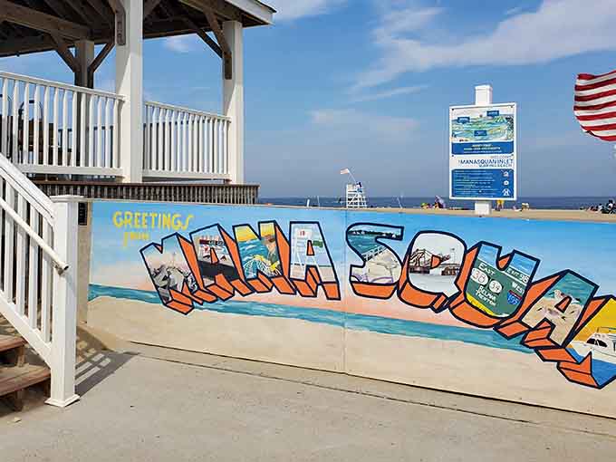 That vintage postcard vibe hits different when the mural welcomes you like an old friend with open arms.