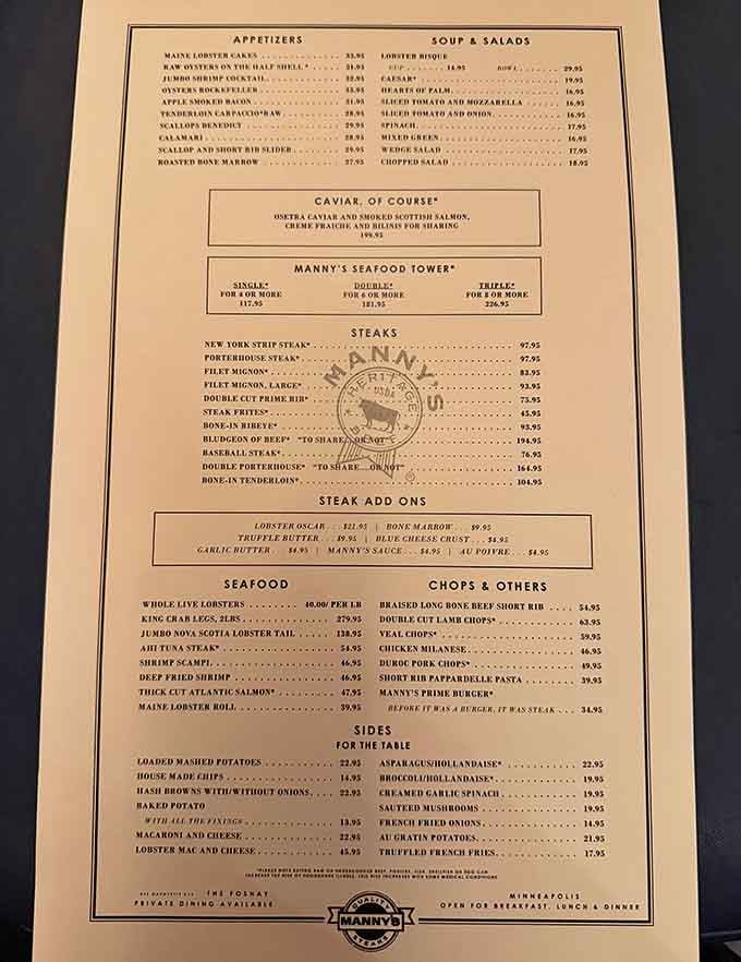 This menu reads like a greatest hits album of steakhouse classics, with portions that don't mess around.