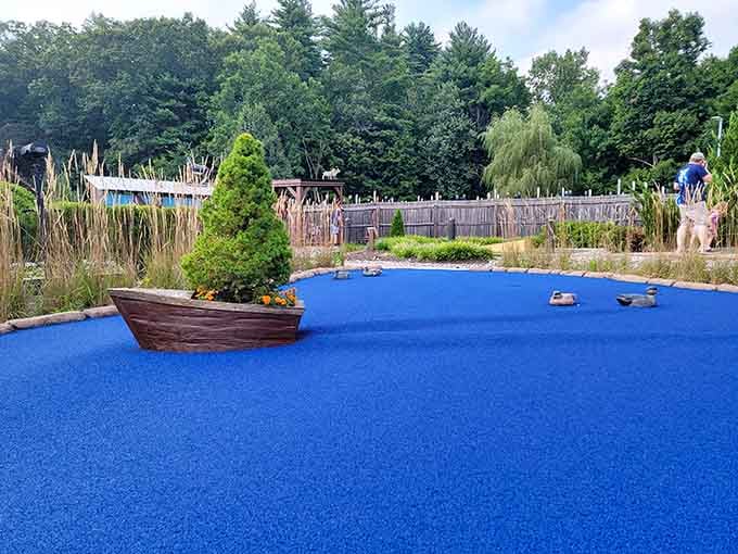 That bright blue surface isn't a lake, but your golf ball might think otherwise.