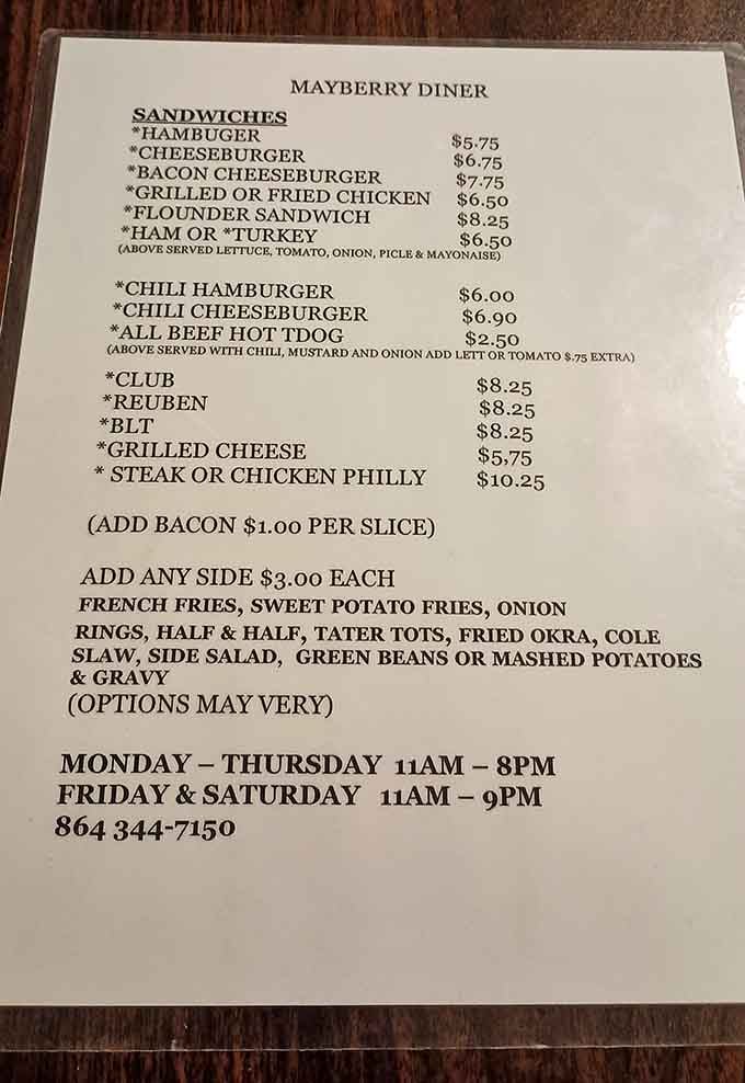 This menu proves that sometimes the best things in life are sandwiches, sides, and reasonable decisions.