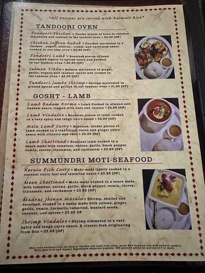 The tandoori section alone could justify the drive, featuring everything from chicken to lamb to seafood cooked in clay ovens.